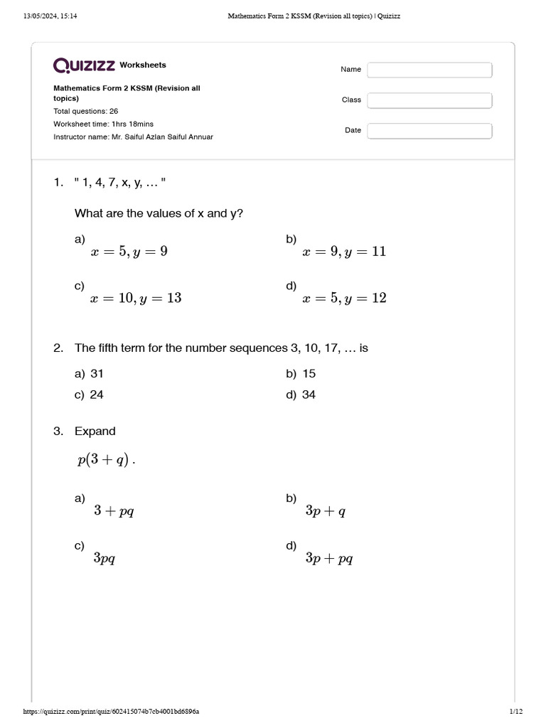 Form 2 Math Revision Worksheets | PDF | Circle | Sphere