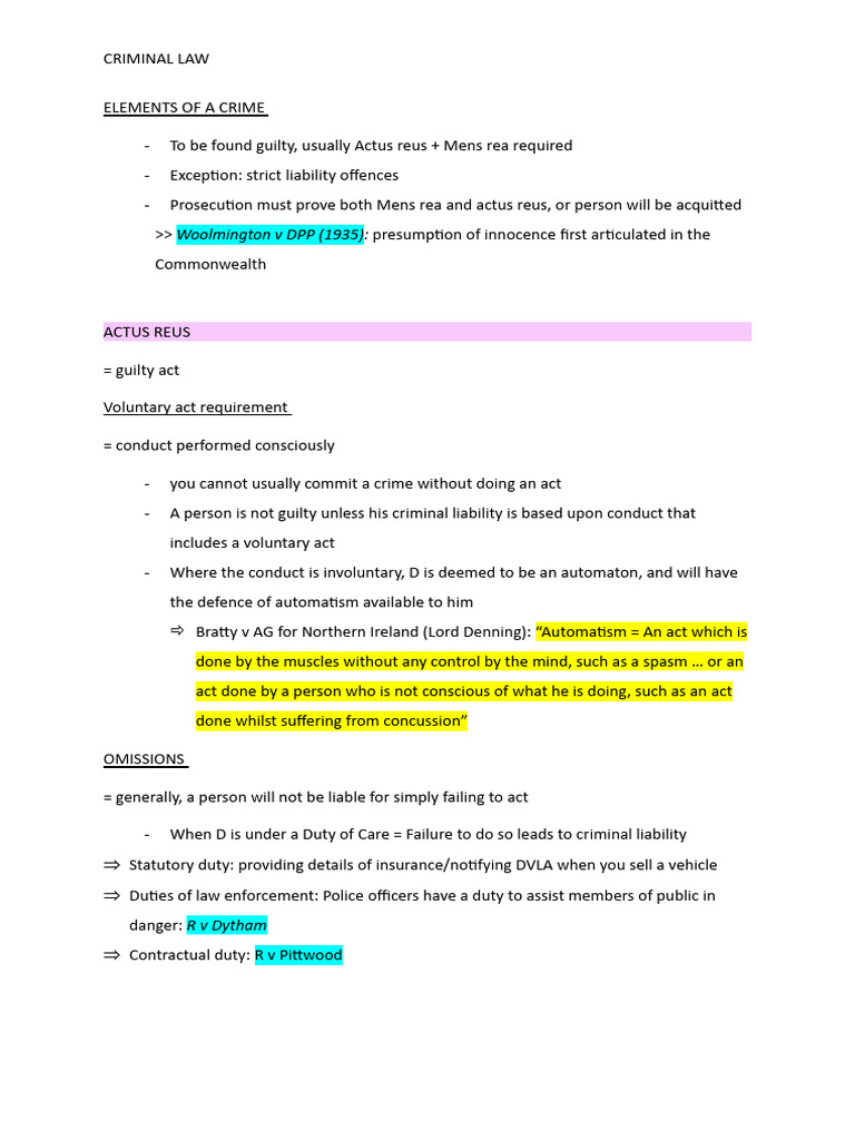 CRIMINAL LAW NOTES | PDF | Manslaughter | Mens Rea