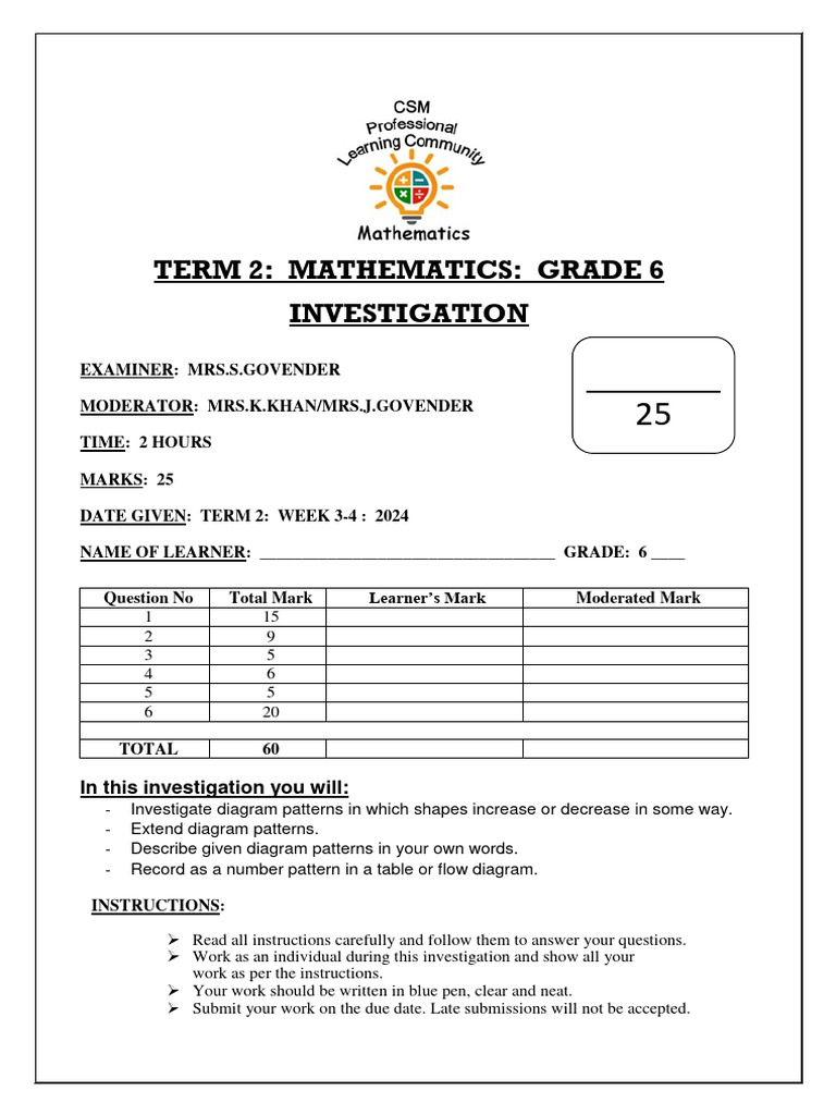 CSM Grade 6 Investigation Term 22024 | PDF | Pattern | Numbers