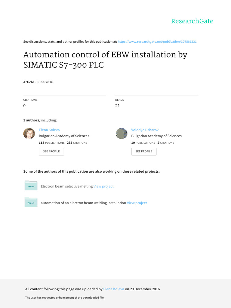 Automation Control of EBW Installation by SIMATIC S7-300 PLC | Download Free PDF | Automation ...