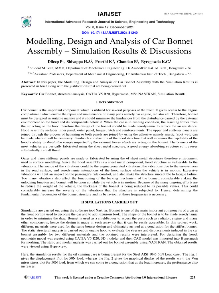 Modelling Design and Analysis of Car Bonnet Assemb | PDF | Vehicles | Simulation