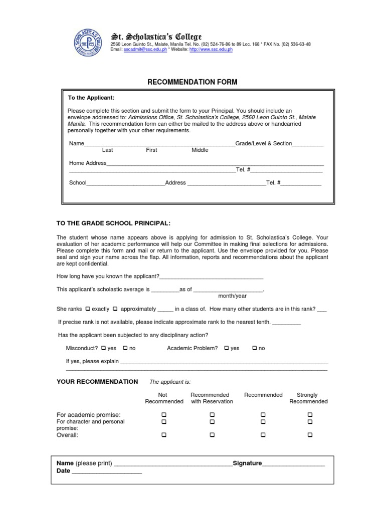 St. Scholastica's College Recommendation Form | PDF
