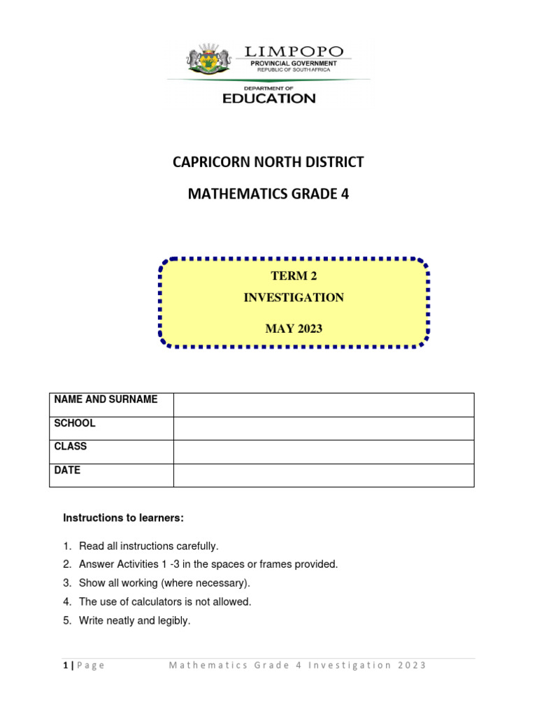CAPRICORN NORTH DISTRICT Grade 4 Investigation | PDF | Mathematics