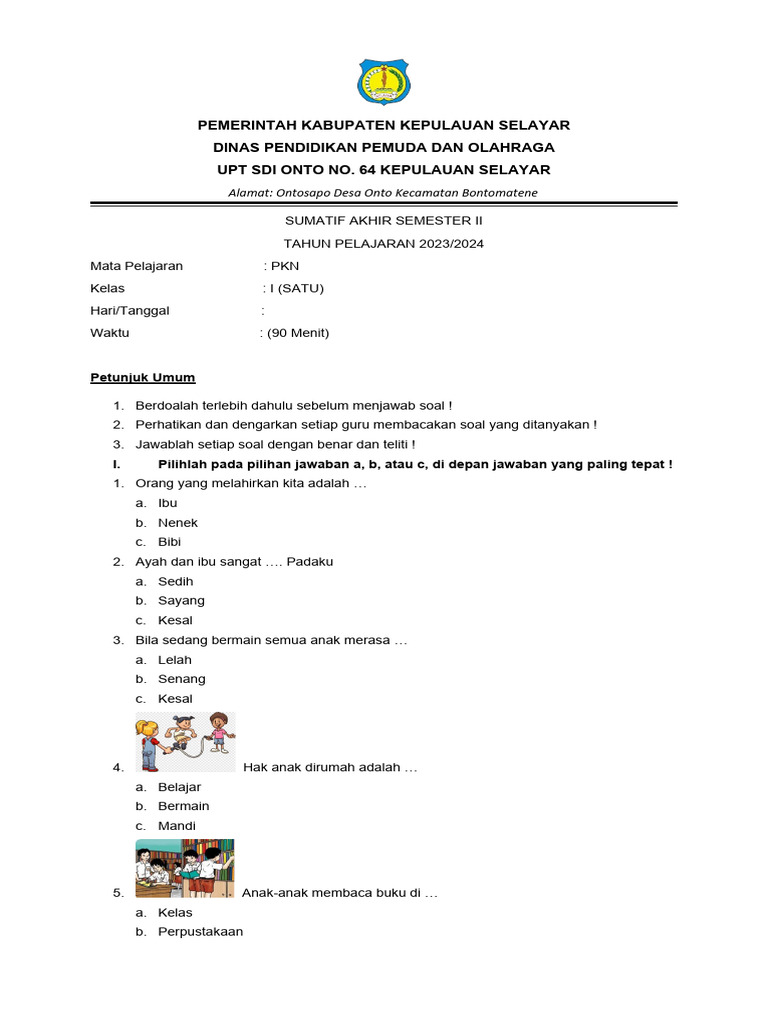 Soal PKN Kelas 1 SD | PDF