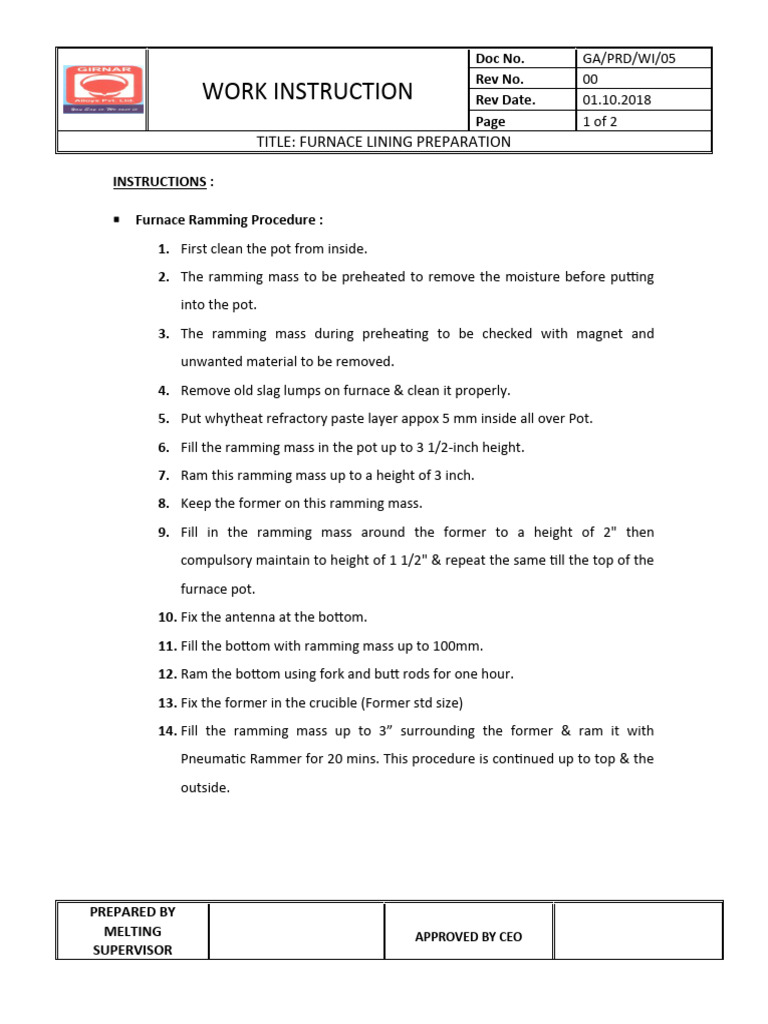 Prd-Wi-05 Furnace Linning | PDF | Building Engineering | Metals