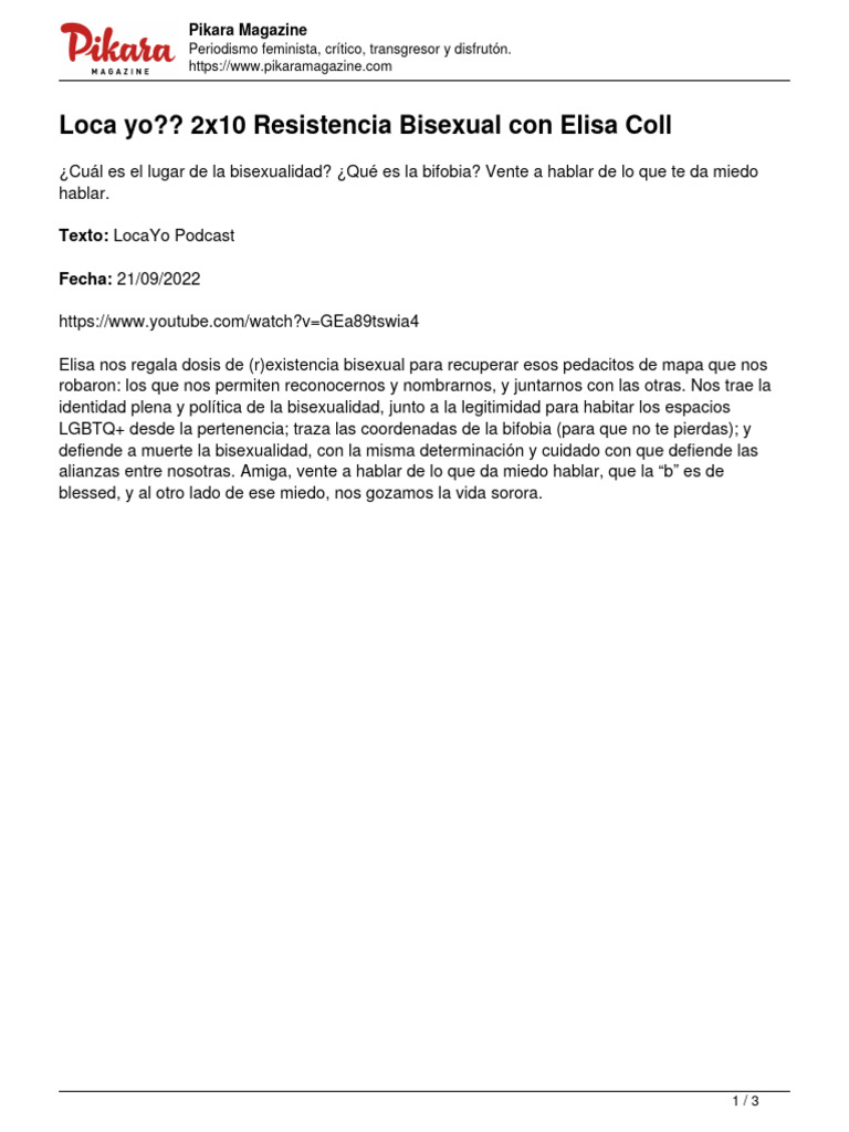 Loca Yo 2x10 Resistencia Bisexual Con Elisa Coll | PDF | Bisexualidad | Relaciones íntimas