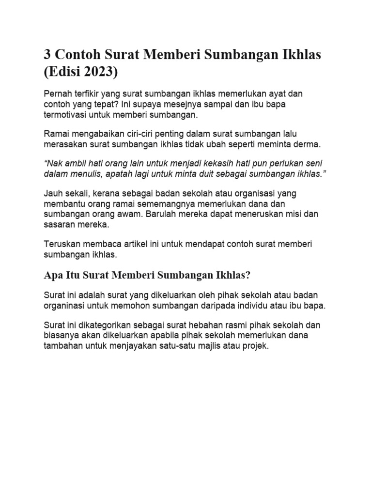 Contoh Surat Sumbangan Ikhlas 2023 | PDF