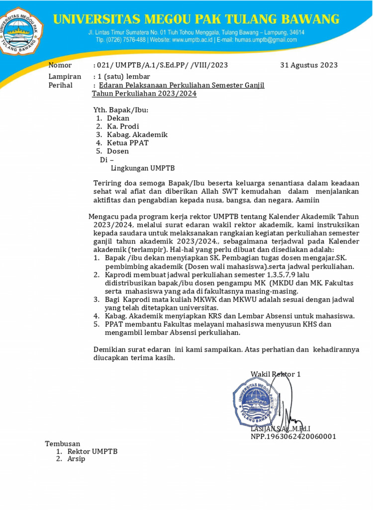 Surat Edaran PELAKSANAAN KULIAN SEMESTER GANJIL 2023 2024 | PDF