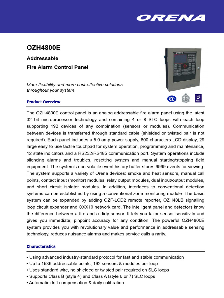 Datasheet of Addressable 4-8 Loop Fire Alarm Control Panel OZH4800E | PDF | Sensor | Computer ...