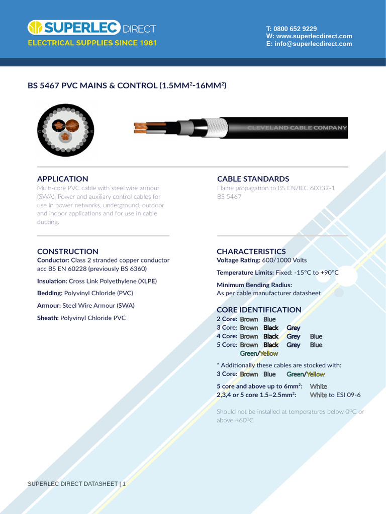 BS 5467 SWA Cable Datasheet | PDF | Alternating Current | Polyvinyl ...