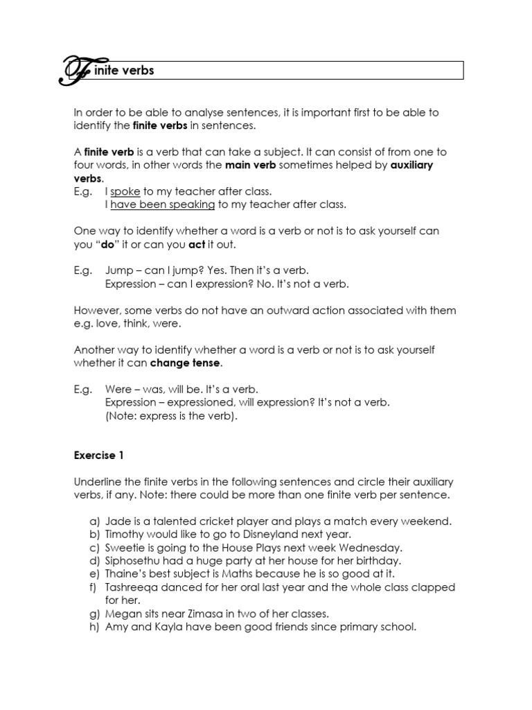 Identifying Finite Verbs and Sentence Structure | PDF | Verb | Subject ...