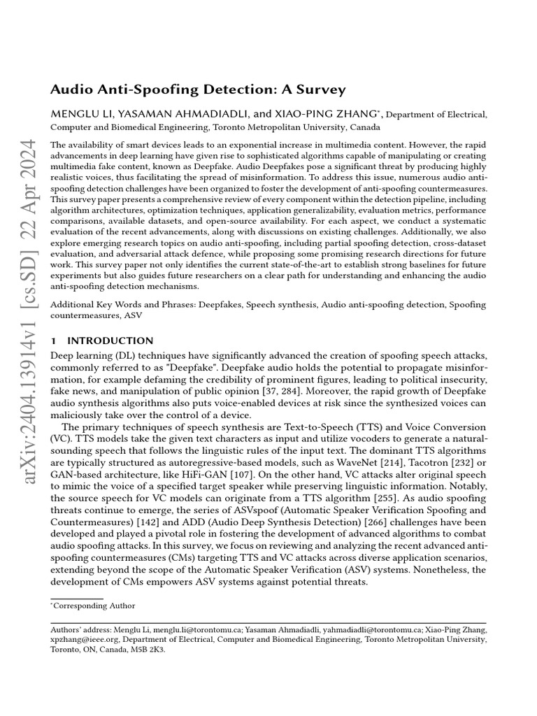Audio Anti-Spoofing Detection: A Survey: Menglu Li, Yasaman Ahmadiadli, and Xiao-Ping Zhang ...