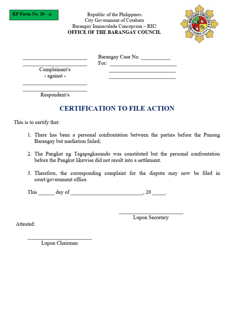 Barangay Certificate to File Action | PDF