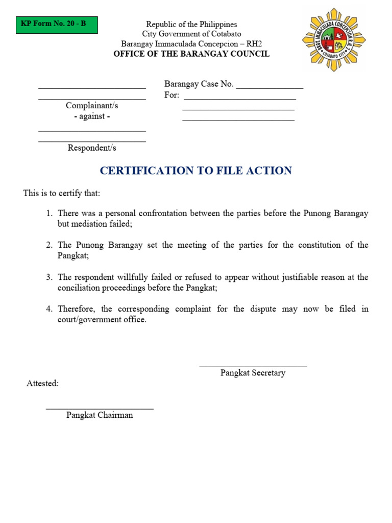 KP FORM 20B - Certification To File Action | PDF