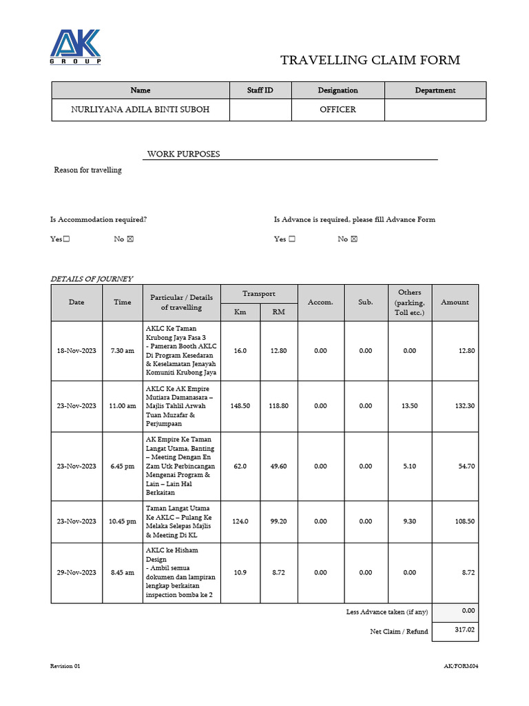 Travelling Form - Liyana - 112023 | PDF