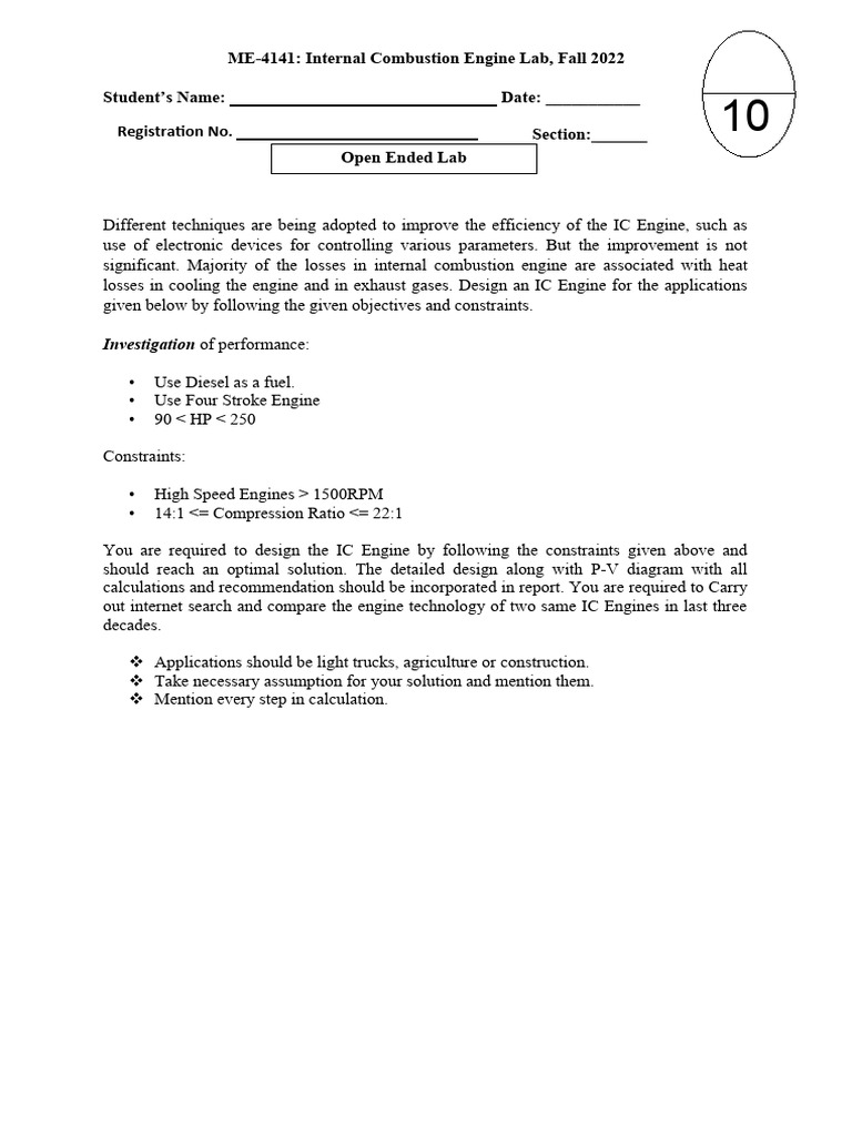ME-4141: Internal Combustion Engine Lab, Fall 2022 Student's Name | PDF | Engines | Internal ...