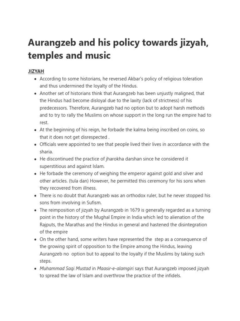 Aurangzeb and His Policy Towards Jizyah, Temples and Music | PDF | Ulama