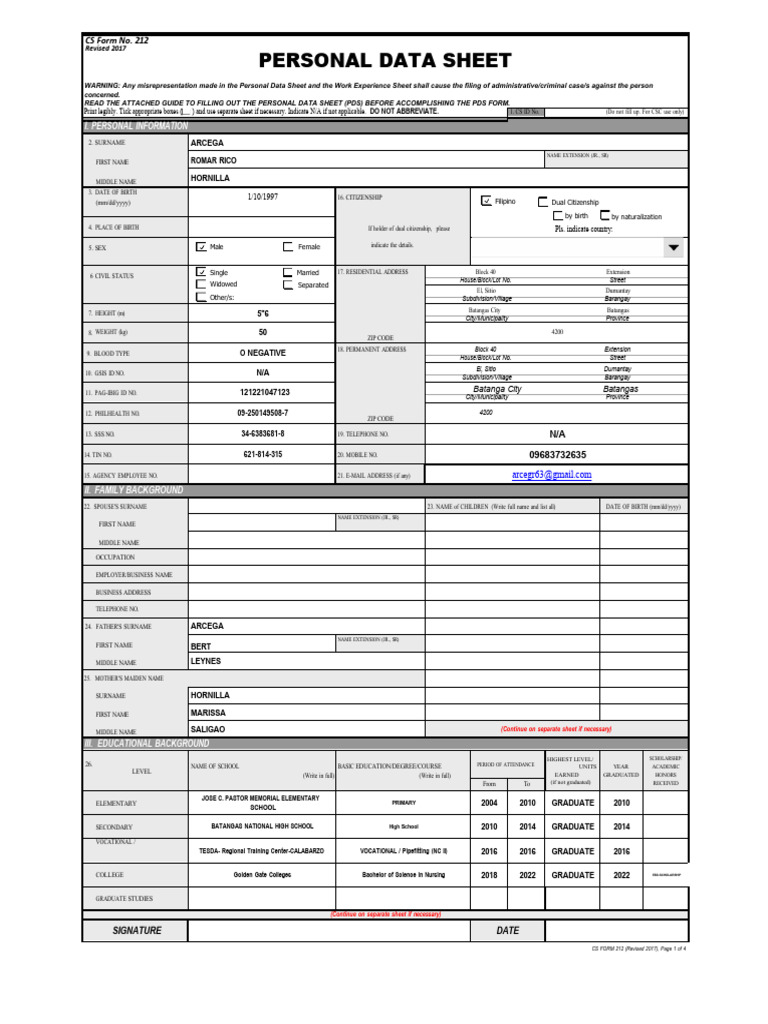 Civil Service Personal Data Sheet 2025 | PDF | Nursing