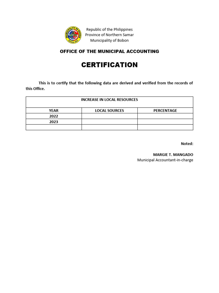 Certification On Increase in Local Resources | PDF
