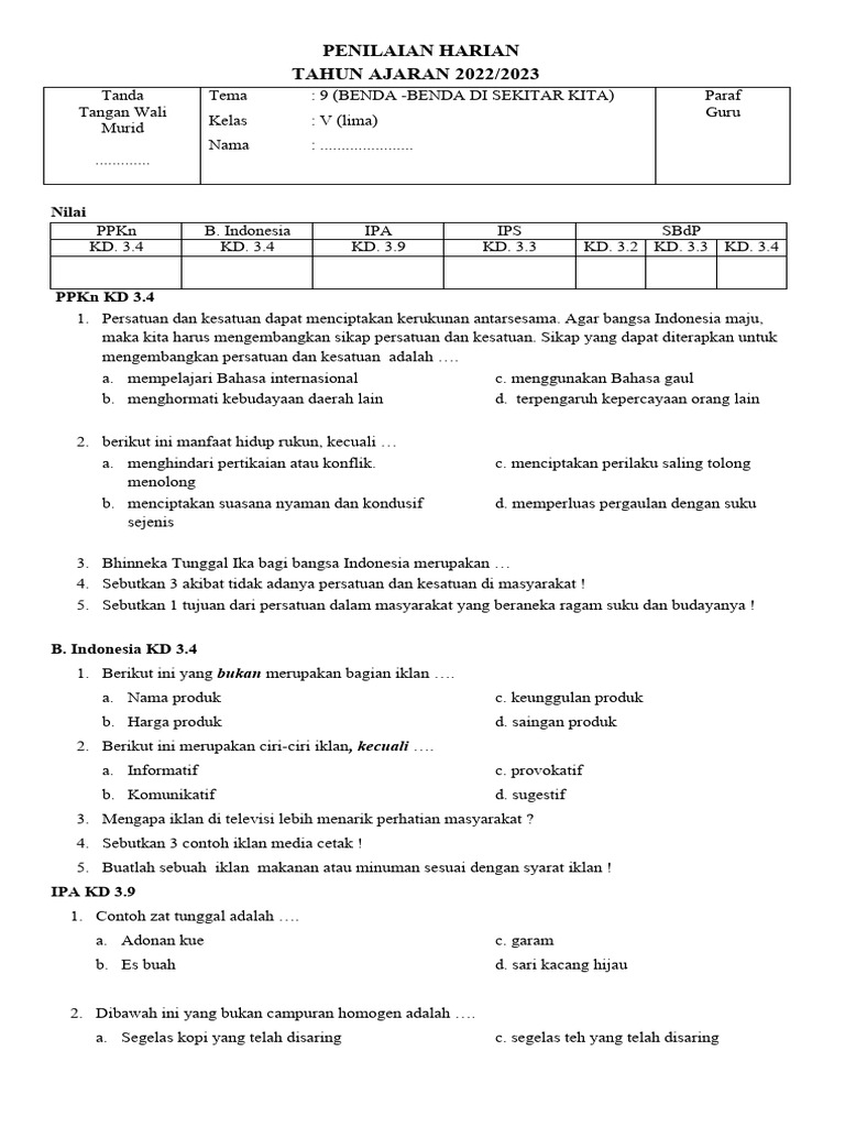 Soal PH Tema 9 Kelas 5 | PDF