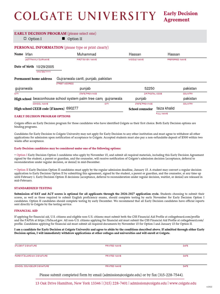 Colgate ED Agreement 20232024 | PDF | University And College Admission ...