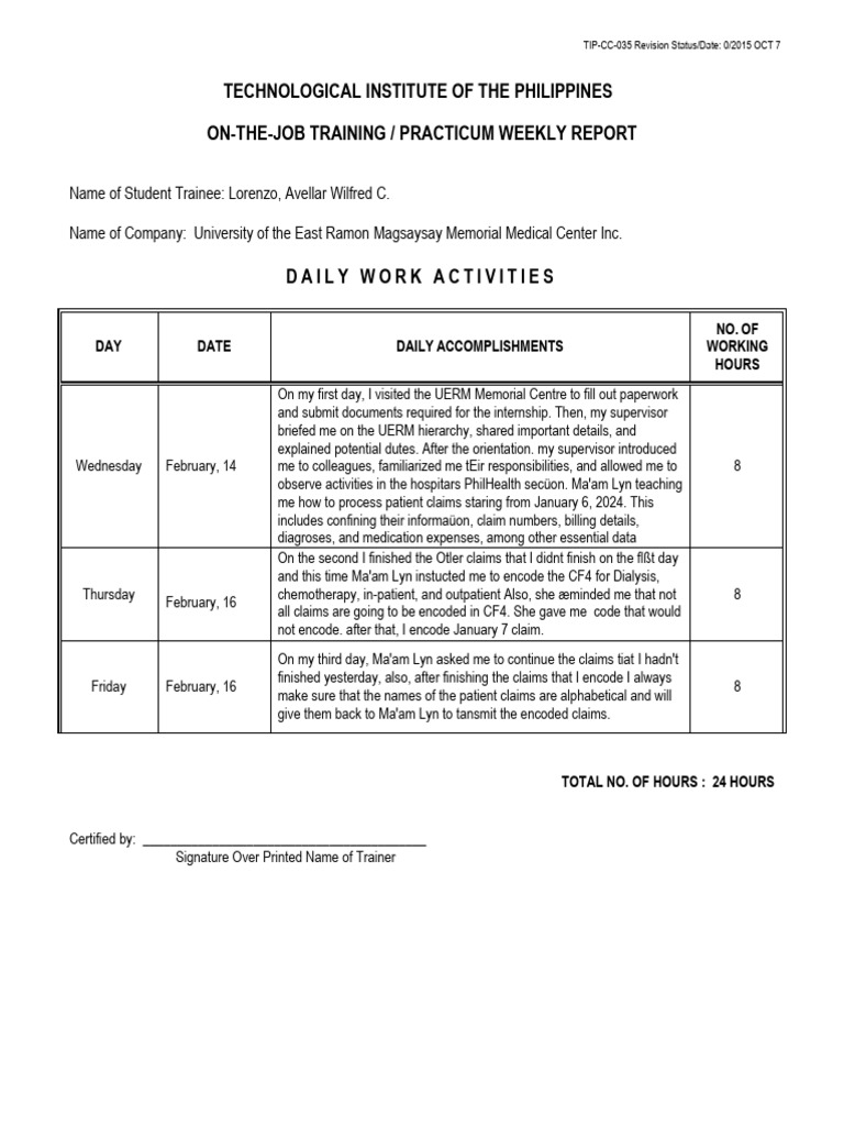 Weekly Report: OJT at UERM Medical Center | PDF | Patient | Health Care