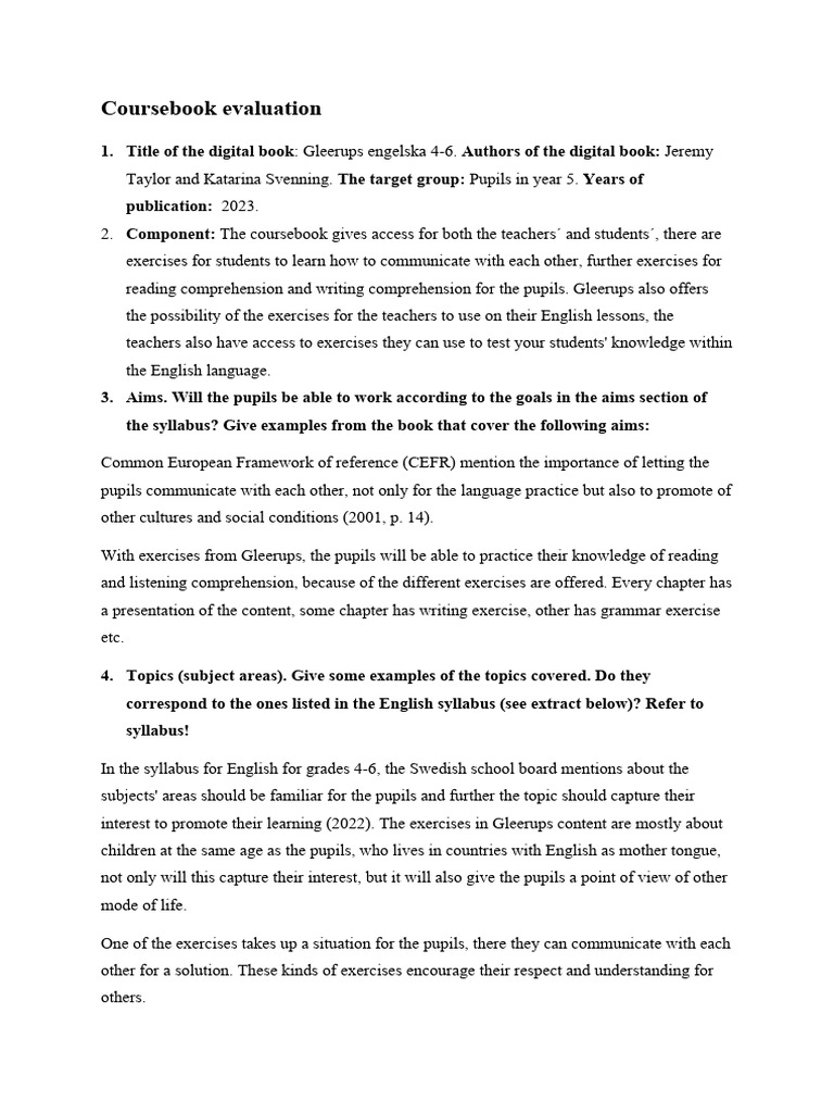 Coursebook Evaluation Maja | PDF | Teachers | Reading Comprehension