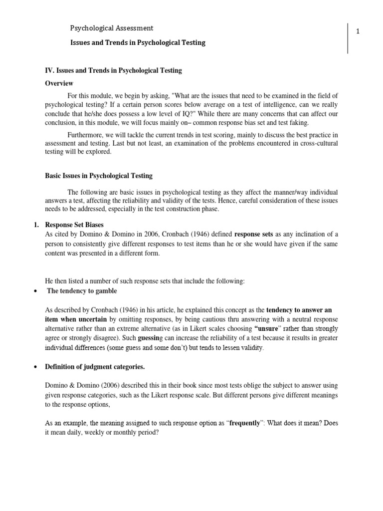 IV. Issues and Trends in Psychological Testing | PDF | Self Report ...