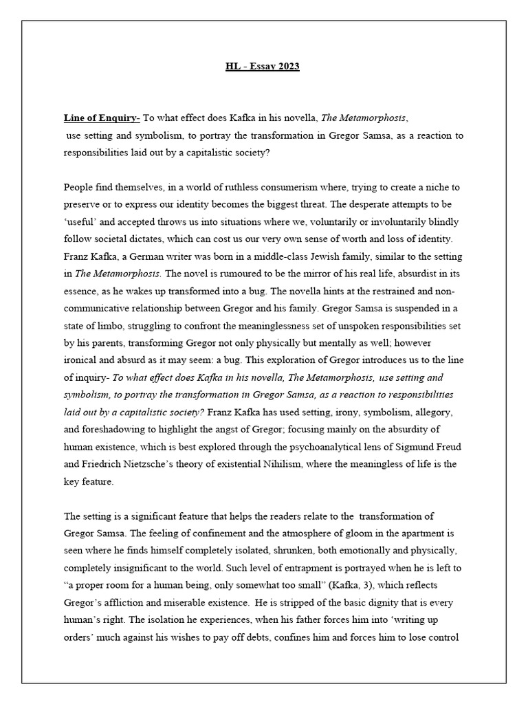 Manpreet Bava Final HL Essay Draft PDF The Metamorphosis Psychology