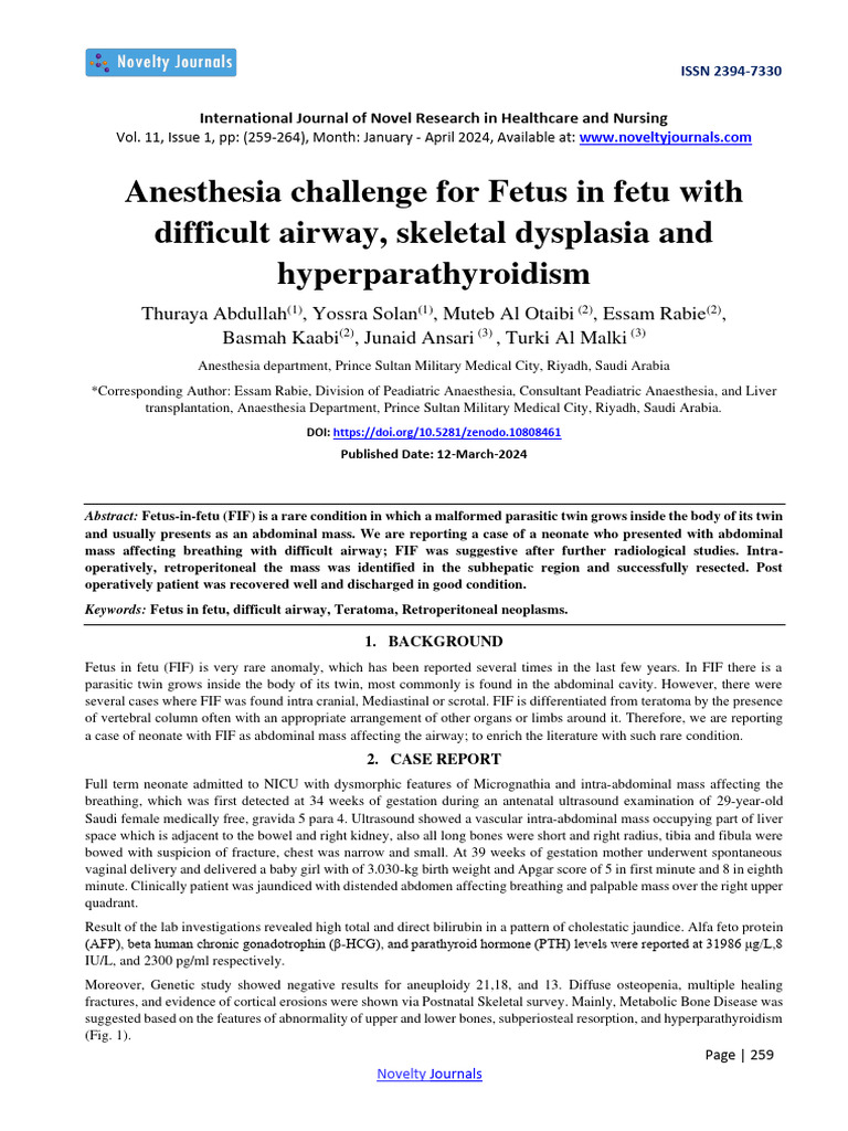 Anesthesia Challenge For Fetus in Fetu With Difficult Airway, Skeletal ...