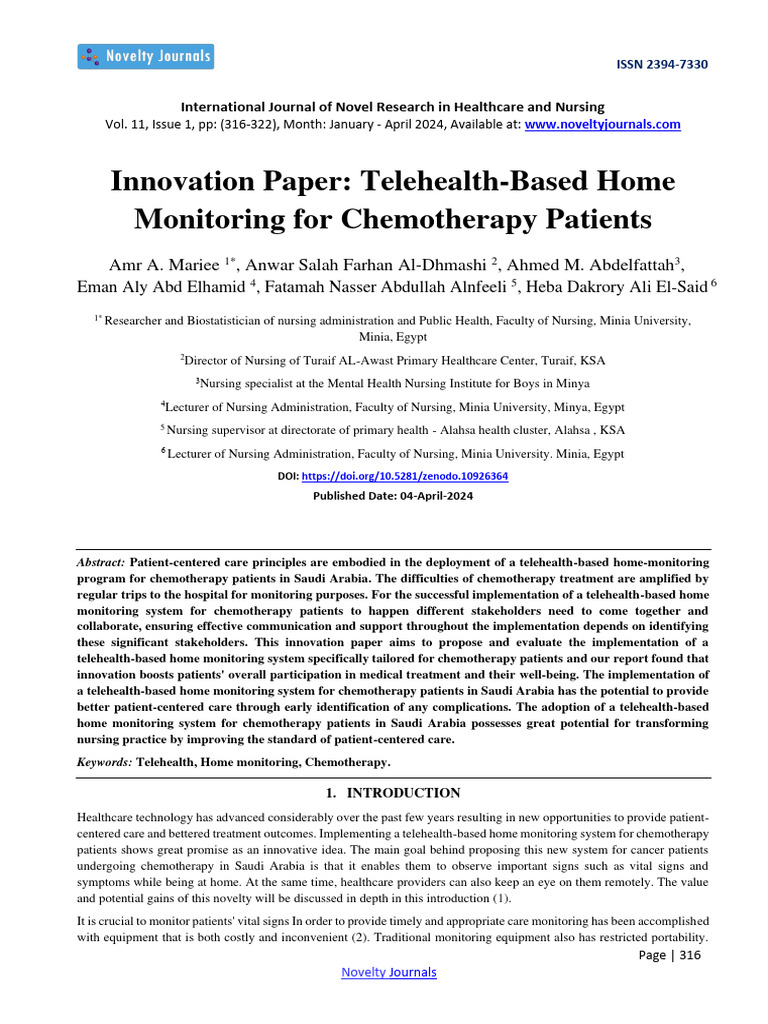 Innovation Paper: Telehealth-Based Home Monitoring For Chemotherapy Patients | Download Free PDF ...