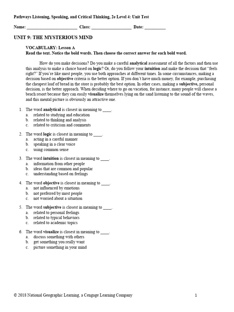 Pathways Ls4 2e U09 Test 0 | PDF | Intuition | Thought