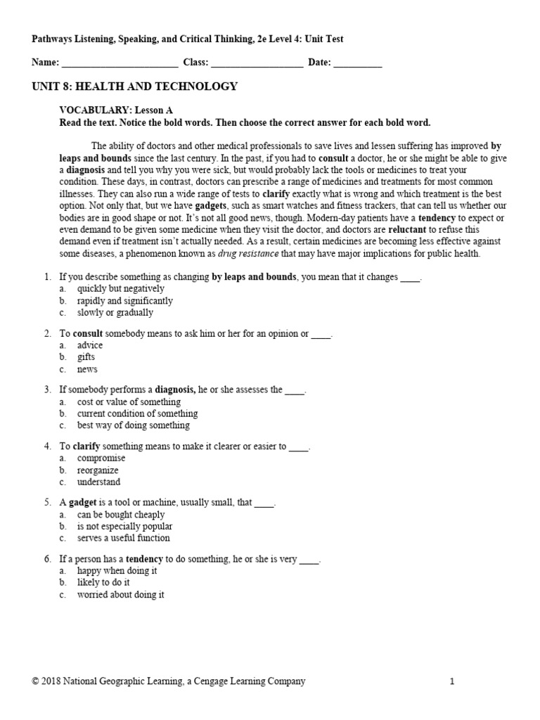 Pathways Ls4 2e U08 Test 0 | PDF | Medical Diagnosis | Physician