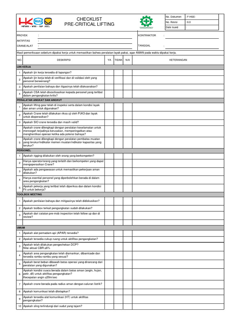 Form Inspeksi Pre Lifting | PDF