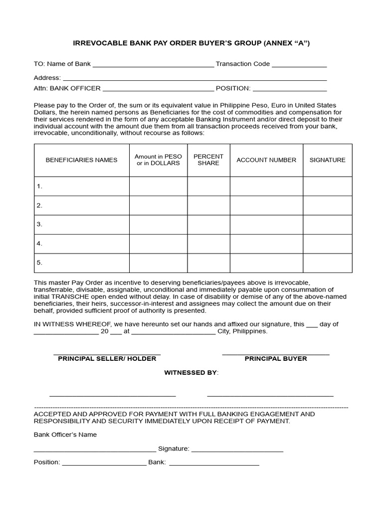 Irrevocable Bank Pay Order Buyer | Download Free PDF | Payments | Banks