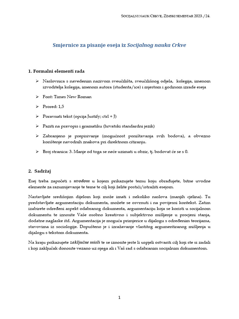 ESEJ-Smjernice Za Pisanje Eseja | PDF