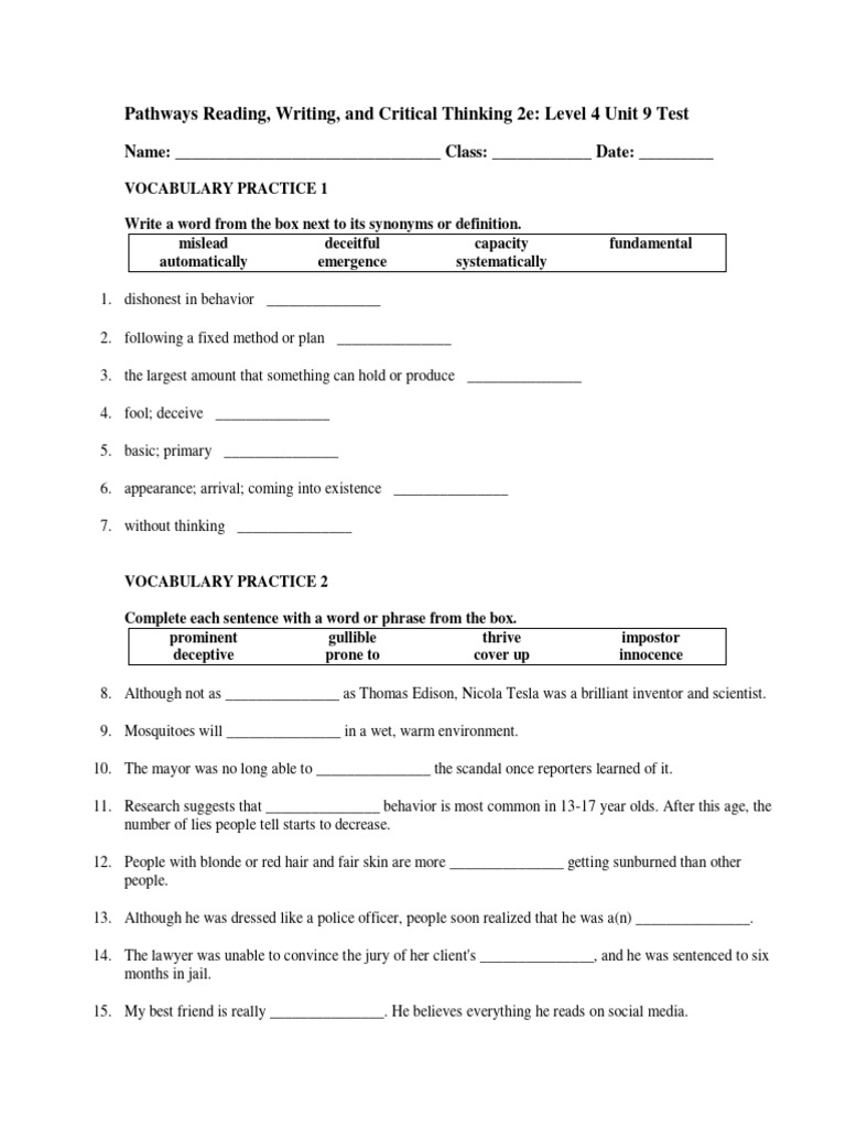 Pathways Rw4 2e U9 Test | PDF | Deception | Antisocial Personality Disorder