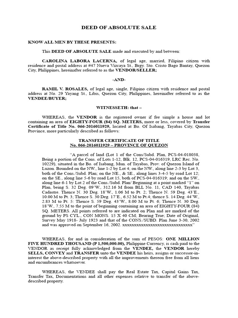 Deed of Sale Carolina | Download Free PDF | Civil Law (Common Law ...