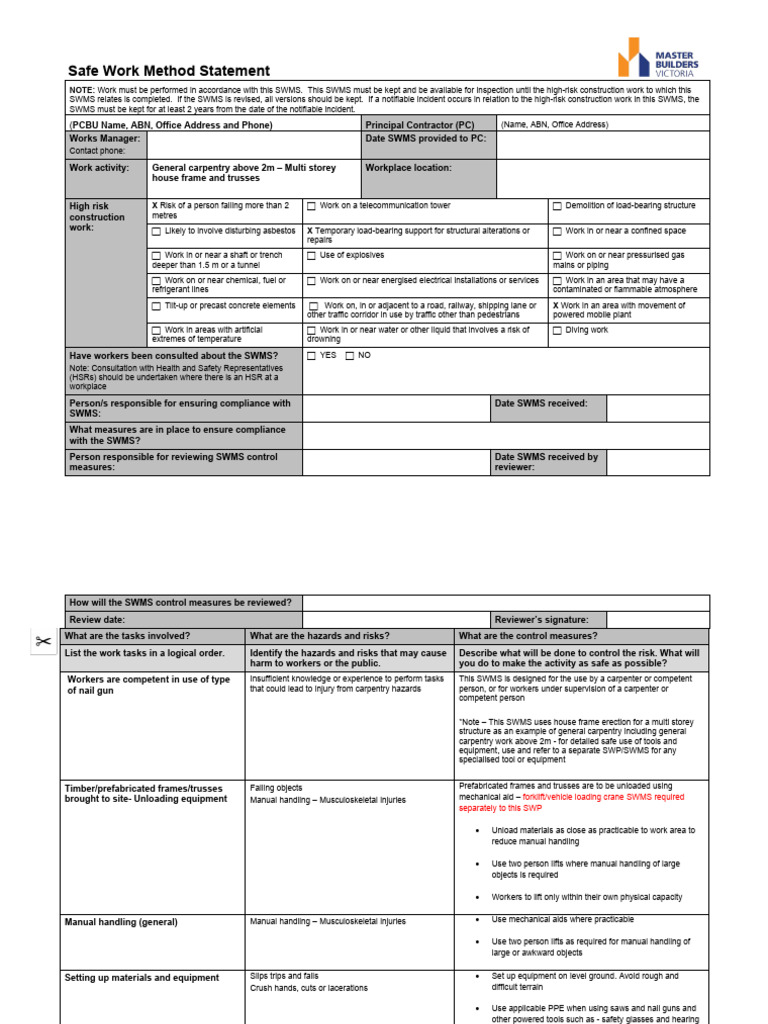 MBAV SWMS General Carpentry Multi Storey House Frame Erection 2019 ...