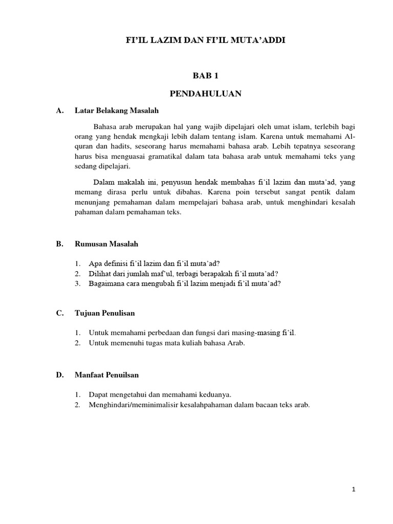 Fiil Lazim Dan Fiil Mutaaddi Bab 1 Penda-1 | PDF
