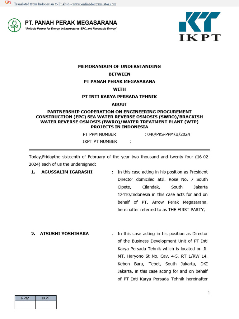 DRAFT MOU PT PPM DAN PT IKPT PARTNER EPC SWRO, BWRO, WTP Rev02.id - en | Download Free PDF ...