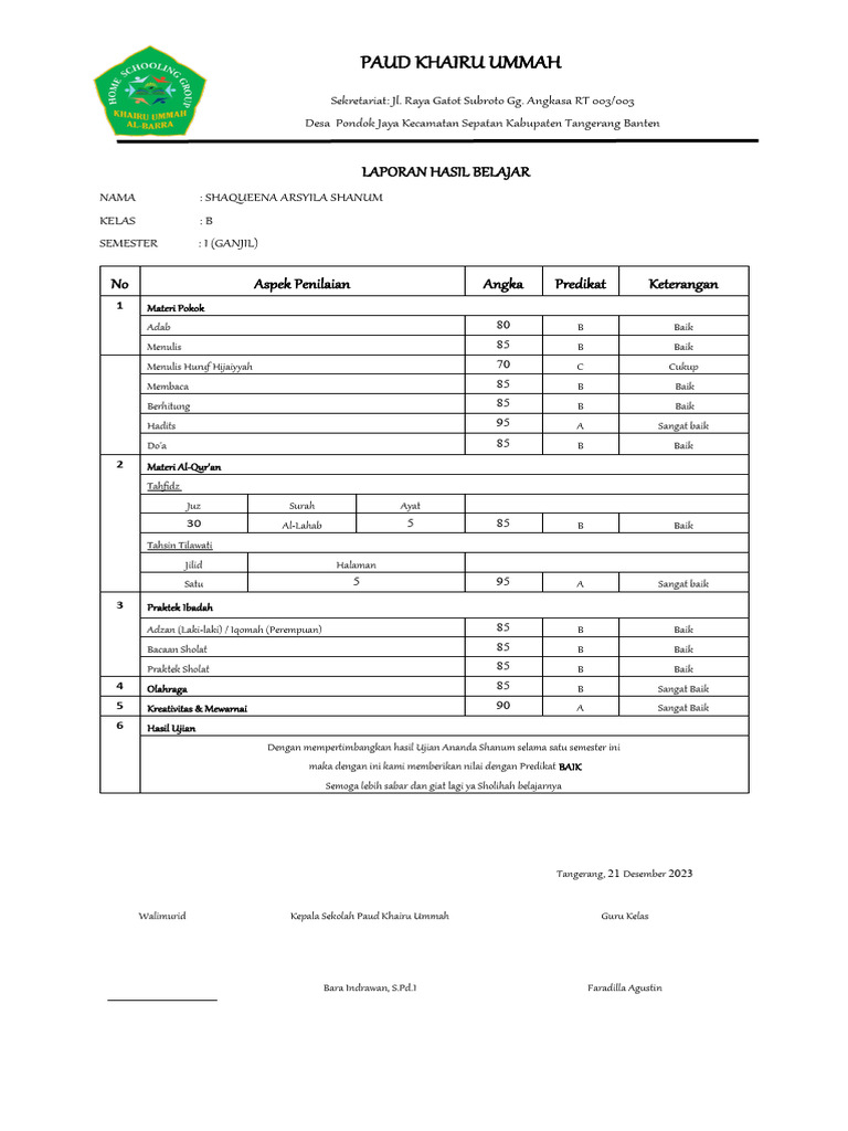 Rapot Ku Kelas B | PDF