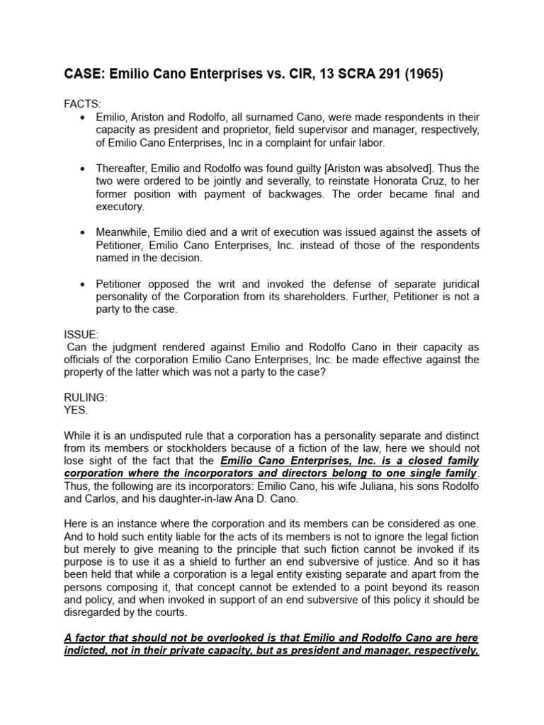 Emilio Cano Enterprises vs. CIR, 13 SCRA 291 (1965) | PDF | Corporations | Justice
