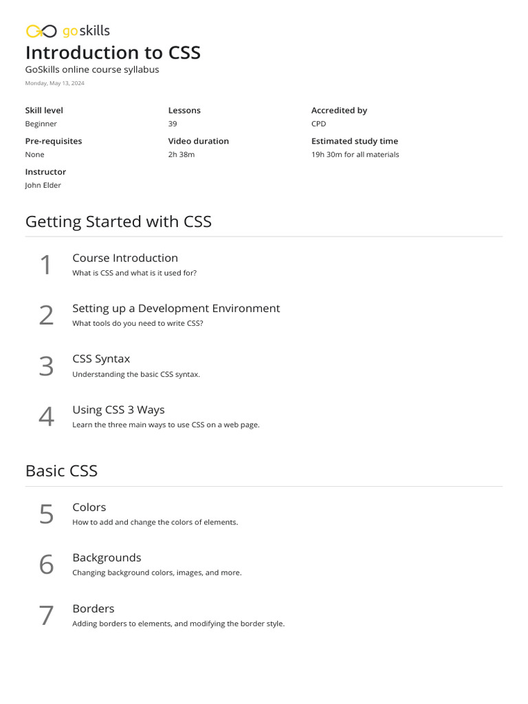 Introduction To CSS - GoSkills Course Syllabus | PDF | Bootstrap (Front ...