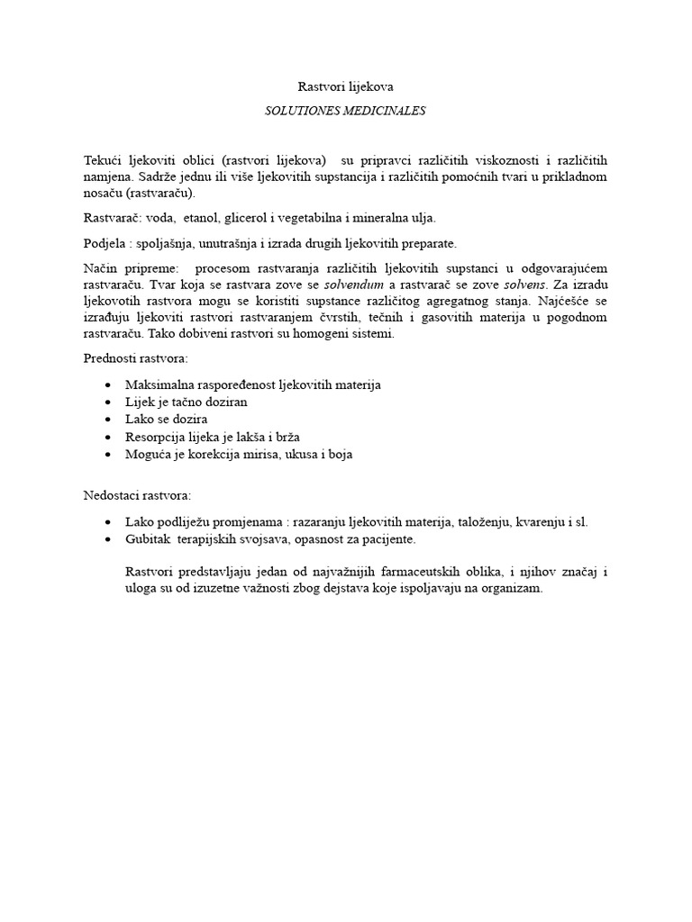 Rastvori Lijekova, Rastvorljivost I Stepen Rastvorljivosti (Lekcija) | PDF