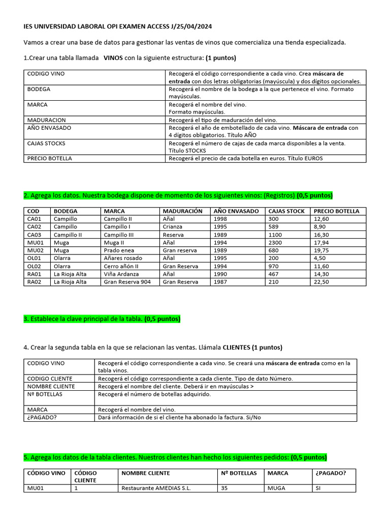 EXAMEN ACCESS LA BODEGA IES UNI LAB Enunciado | PDF | Vino | Bebida