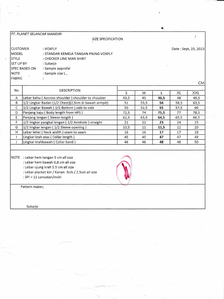 Size Specifications for Men's Shirt Model | PDF