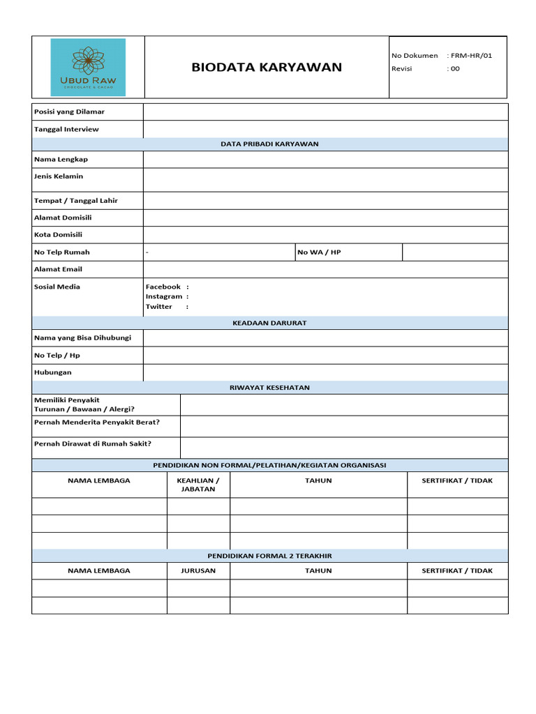 Formulir Biodata Ubud Raw | PDF