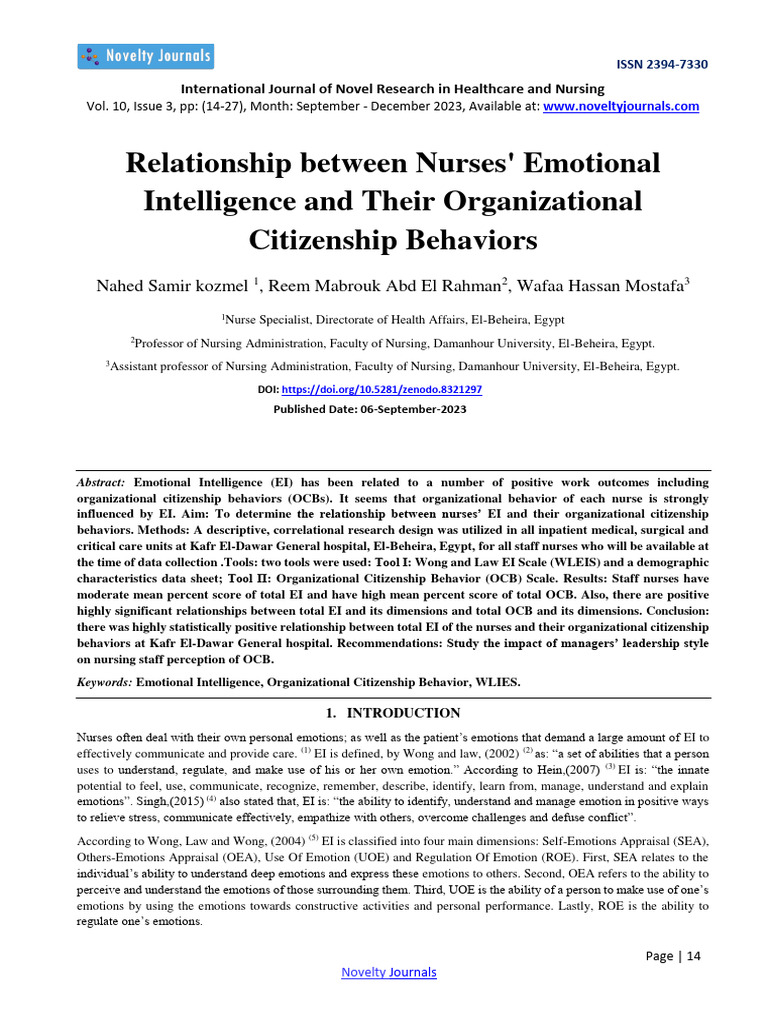 Relationship between Nurses' Emotional Intelligence and Their Organizational Citizenship ...