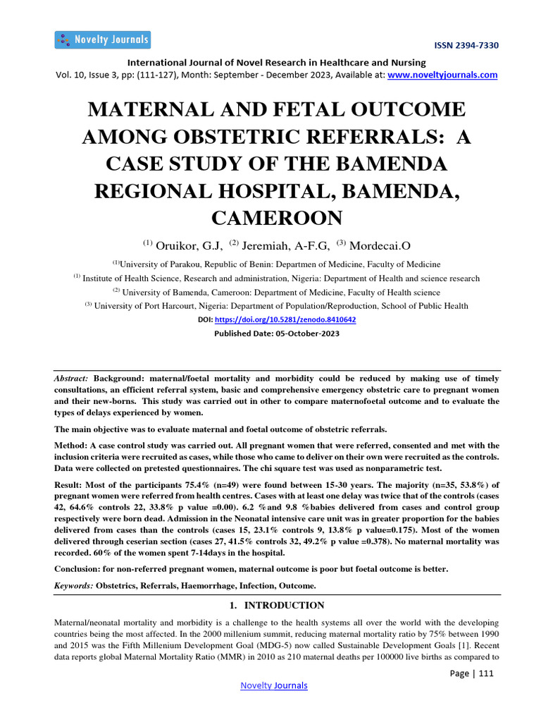 MATERNAL AND FETAL OUTCOME AMONG OBSTETRIC REFERRALS: A CASE STUDY OF ...